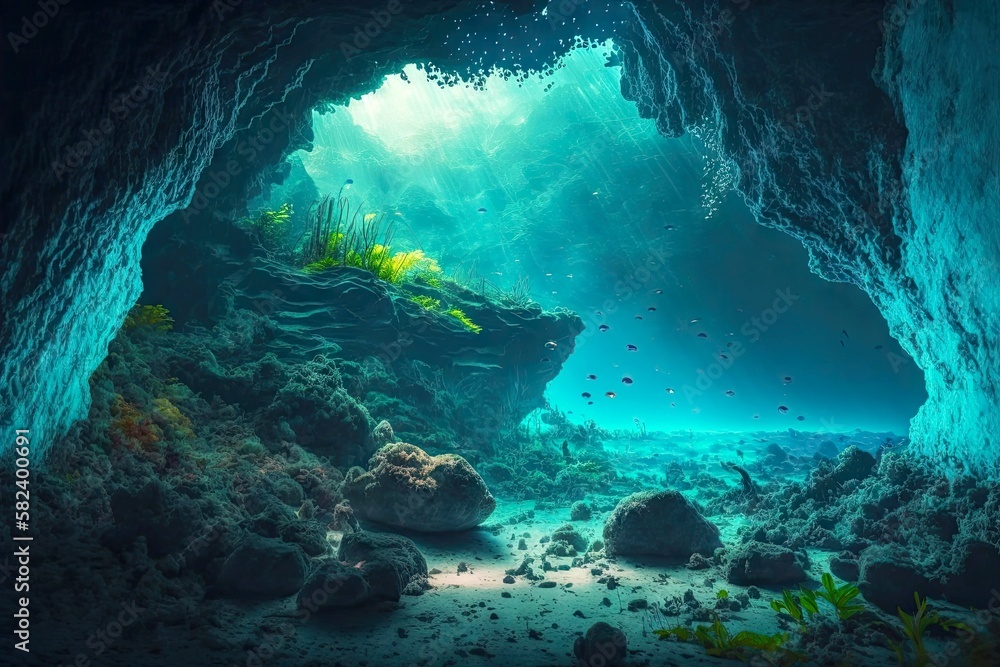 deep underwater cave with rocks and reefs diving next to tropical ...