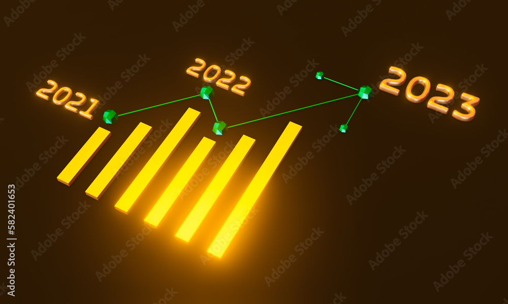 Growth chart of years, yellow bars and green arrow on dark background ...