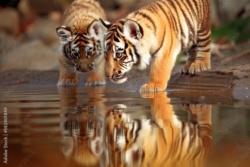 Tiny tiger cubs stare at their reflection in a pool, captivated by the ...