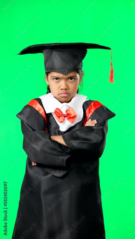 Vidéo Stock Angry, green screen and the face of a child at graduation ...