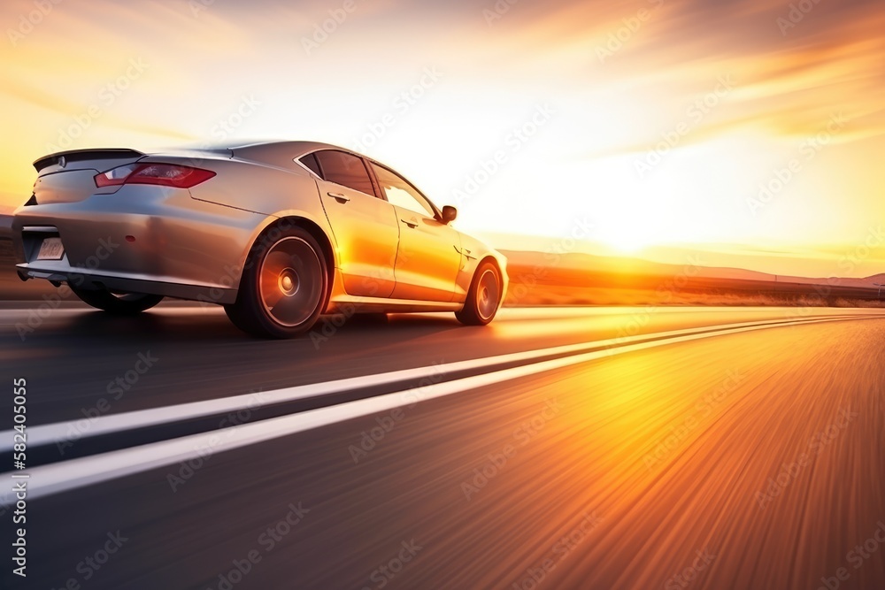 car is captured in motion on a highway during a beautiful sunset, with ...