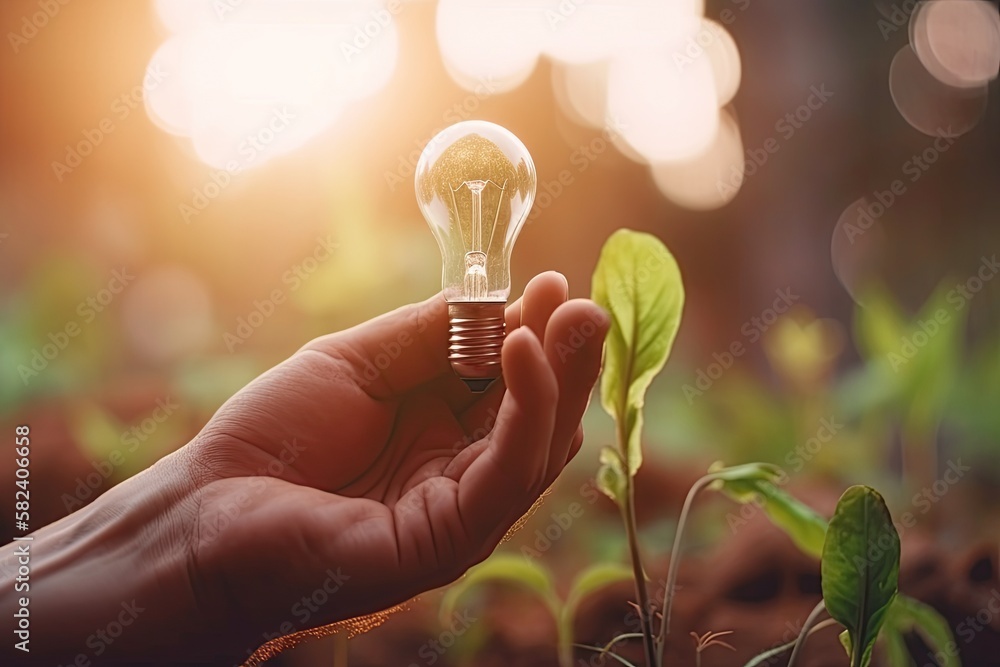 plant sprout grows around light bulb, held gently in human hand. Green ...