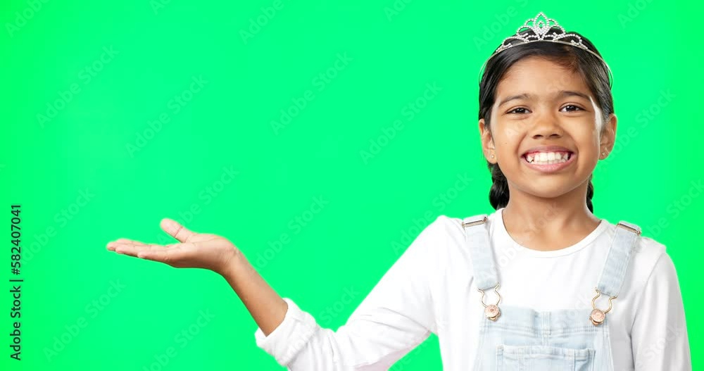 Mockup, green screen and child open hand showing product placement ...