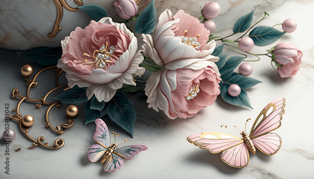 3d wallpaper pink jewelry flowers and butterflies on marble background ...