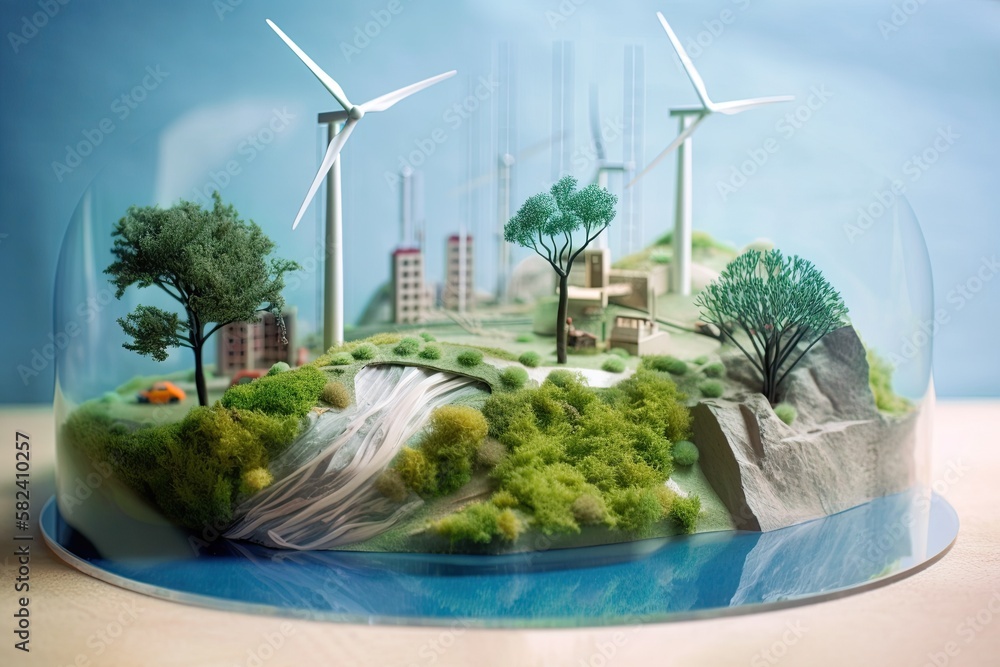 tiny diorama with Wind, solar, and hydroelectric power that are crucial ...