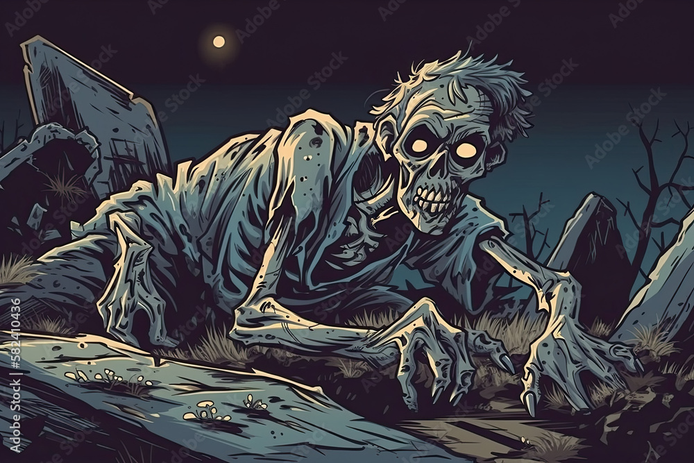 zombie rising from grave in cemetery at night. Cartoon style ...