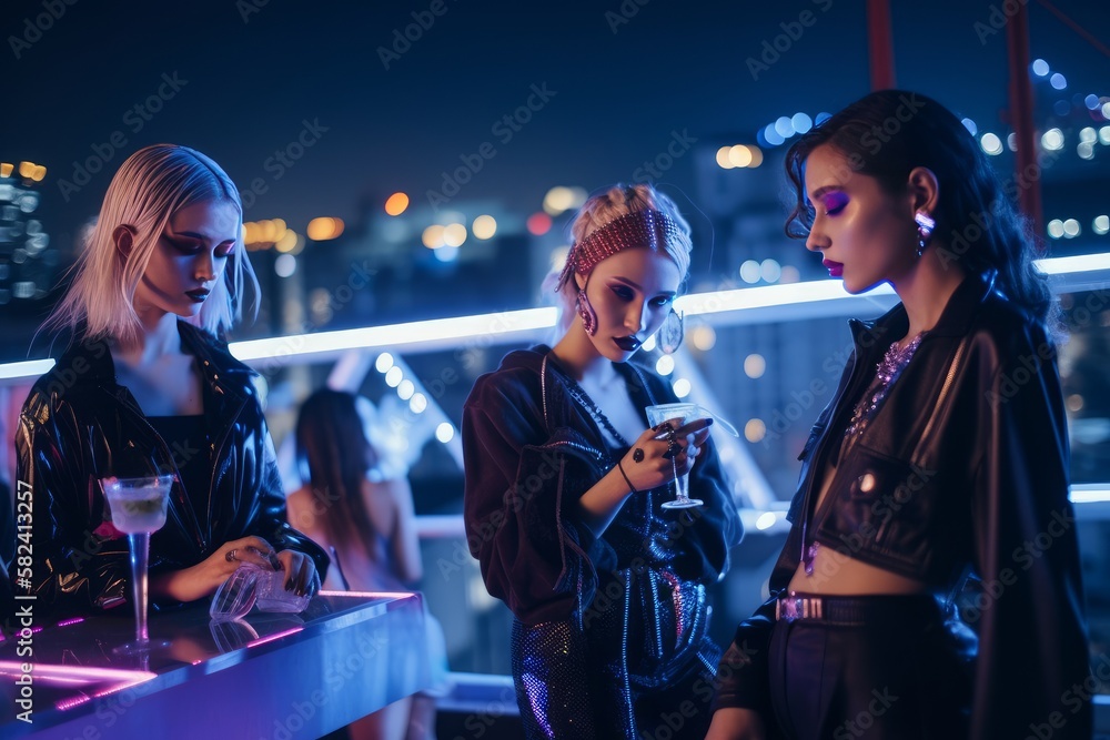 Glamorous Cyberpunk Nightlife Girls In Y2k Fashion Party On Rooftop