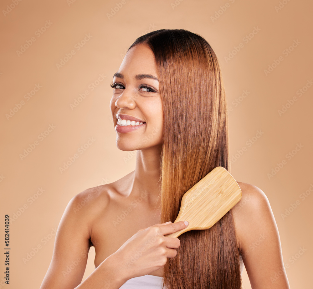 Woman, beauty and brush hair portrait for growth and shine for healthy ...