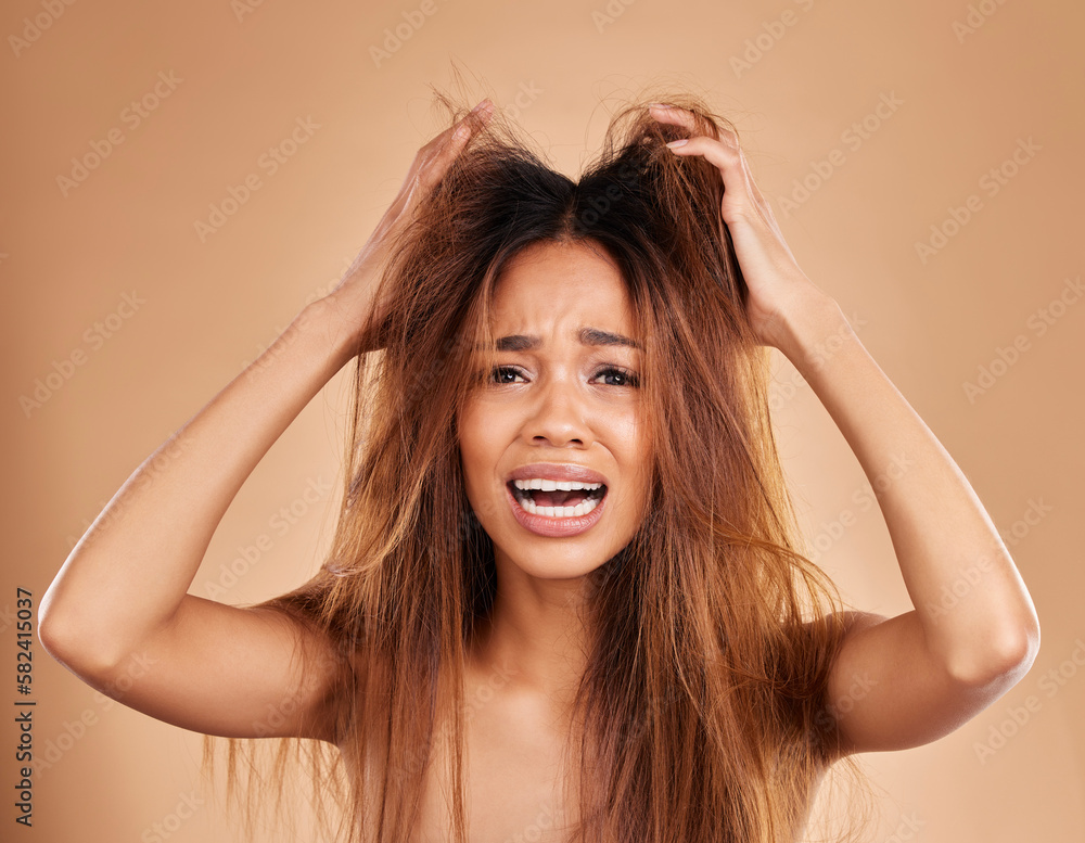 Shocked, face portrait and woman with hair loss in studio isolated on a ...