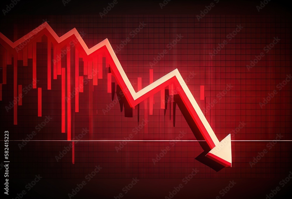 Financial crisis down, red arrow economy business graph on money crash ...