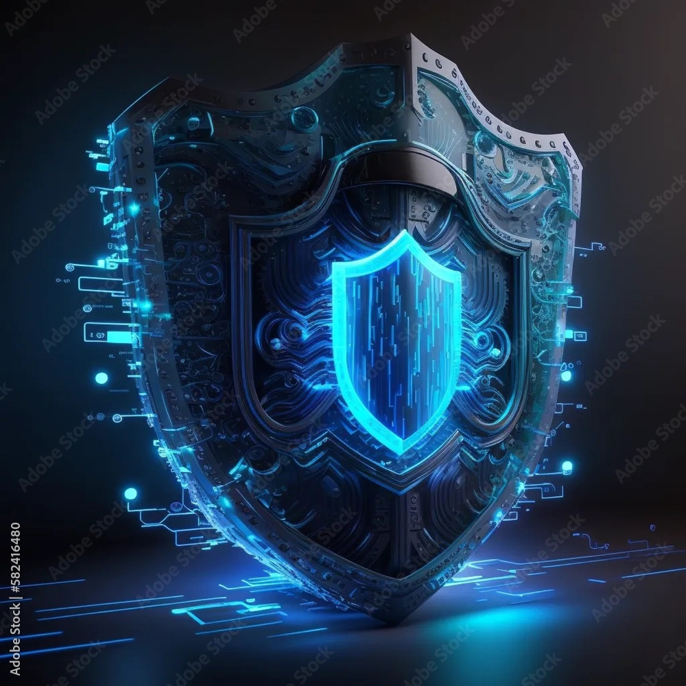 Cybersecurity shield with blue lights in hyper realistic Stock ...
