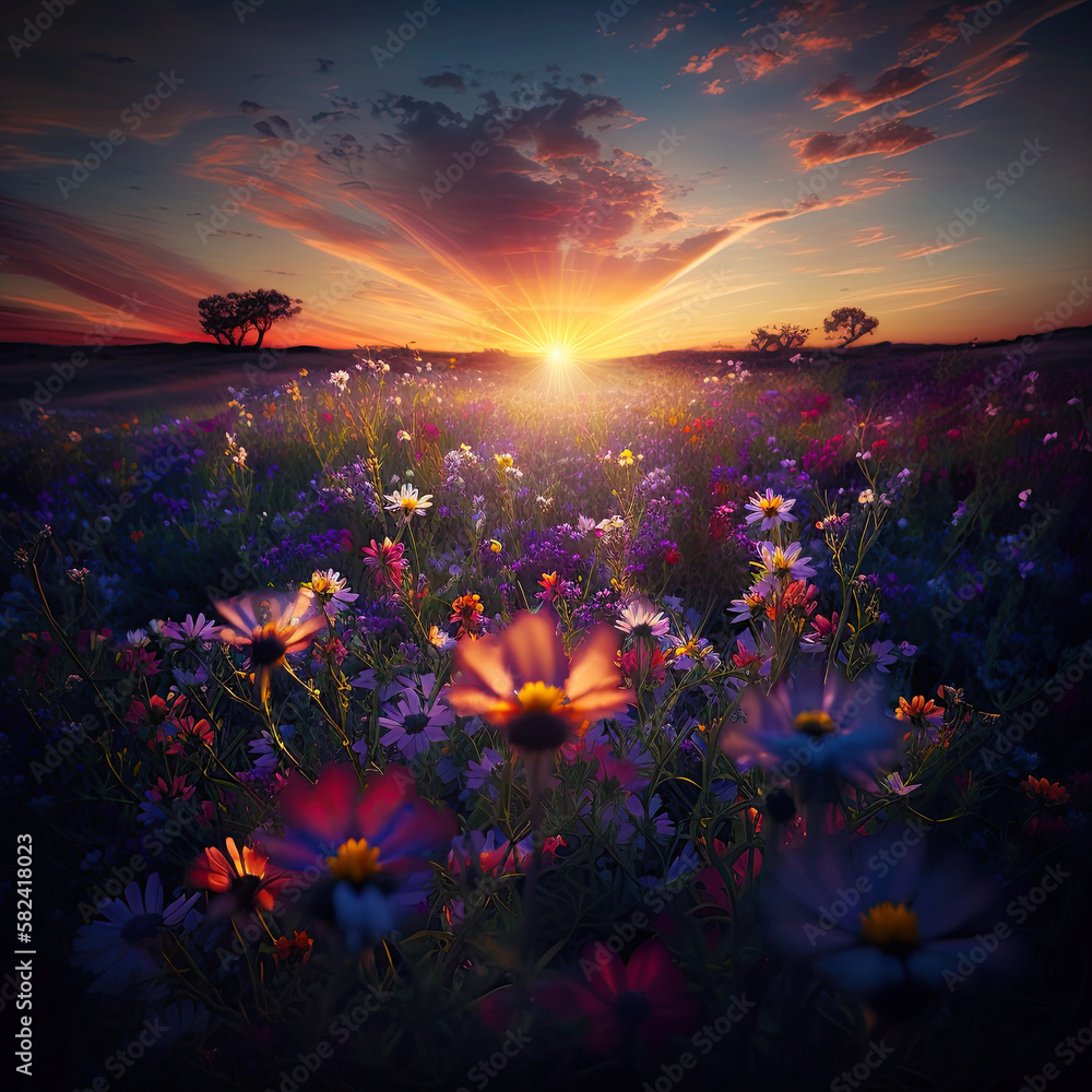 Field Of Wildflowers Sunset