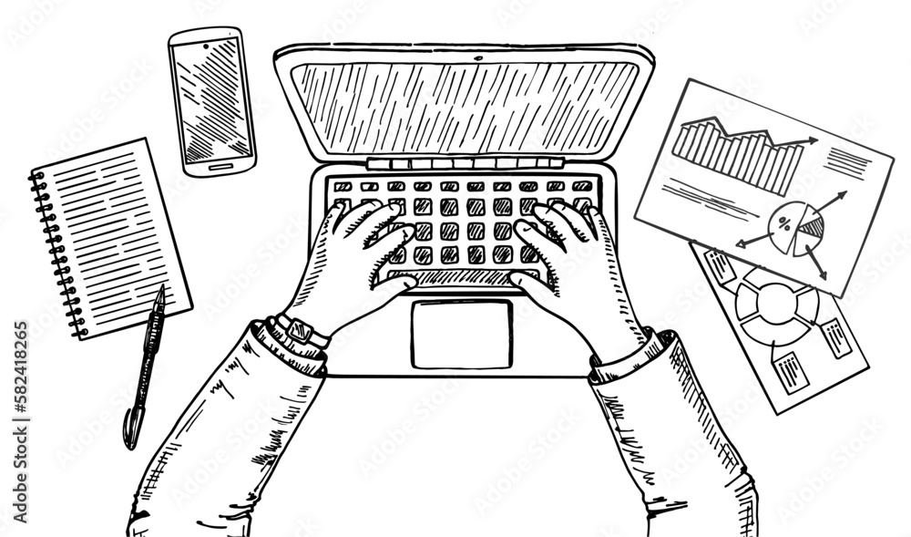 Laptop And Hands On The Keyboard Human Hands Using Computer Isolated On White Background