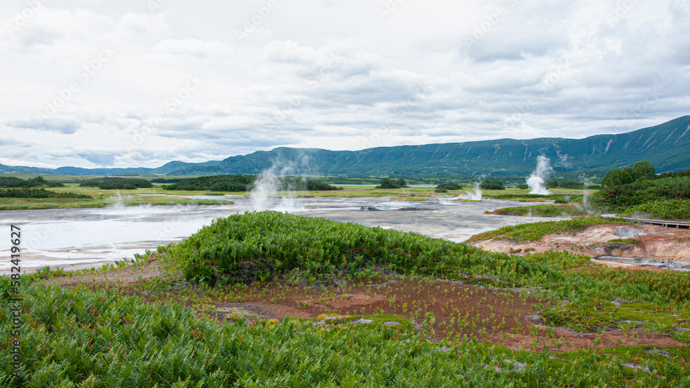Panorama of hot springs, pools and warm toxic lakes in Kronotsky Nature ...