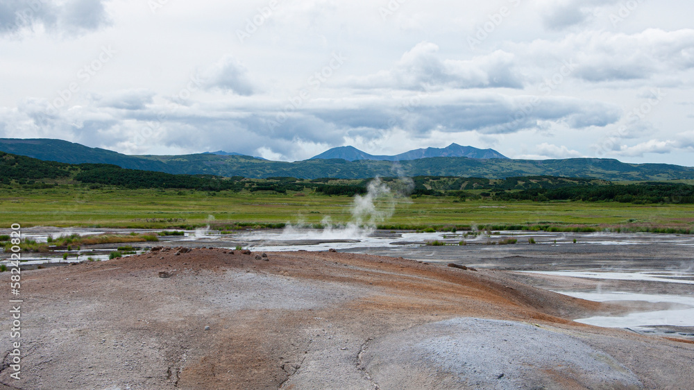 Panorama of hot springs, pools and warm toxic lakes in Kronotsky Nature ...