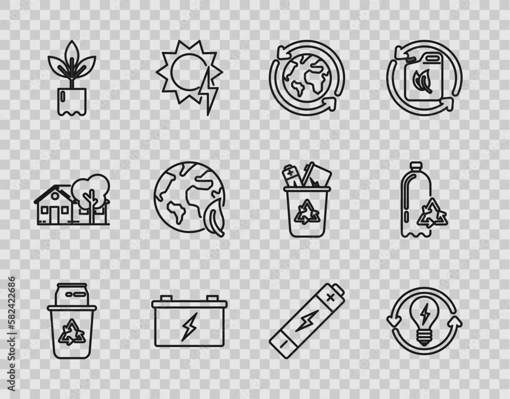 Set line Recycle bin with recycle symbol and can, light bulb lightning, Planet earth recycling ...