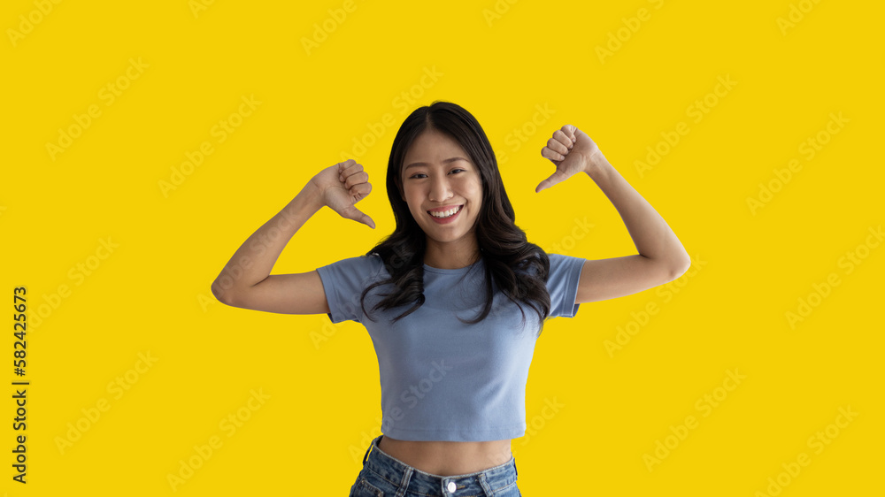 Young Asian woman pointing finger at herself, Concept of love yourself ...