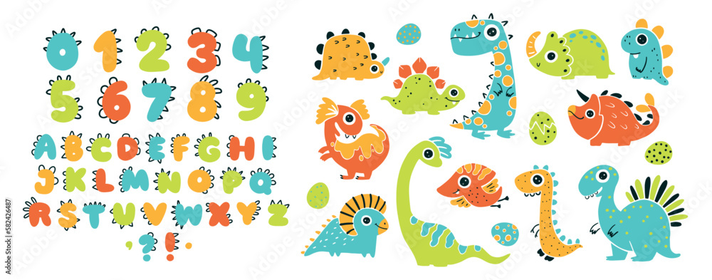 Vecteur Stock Dino collection with alphabet and numbers. Funny comic ...