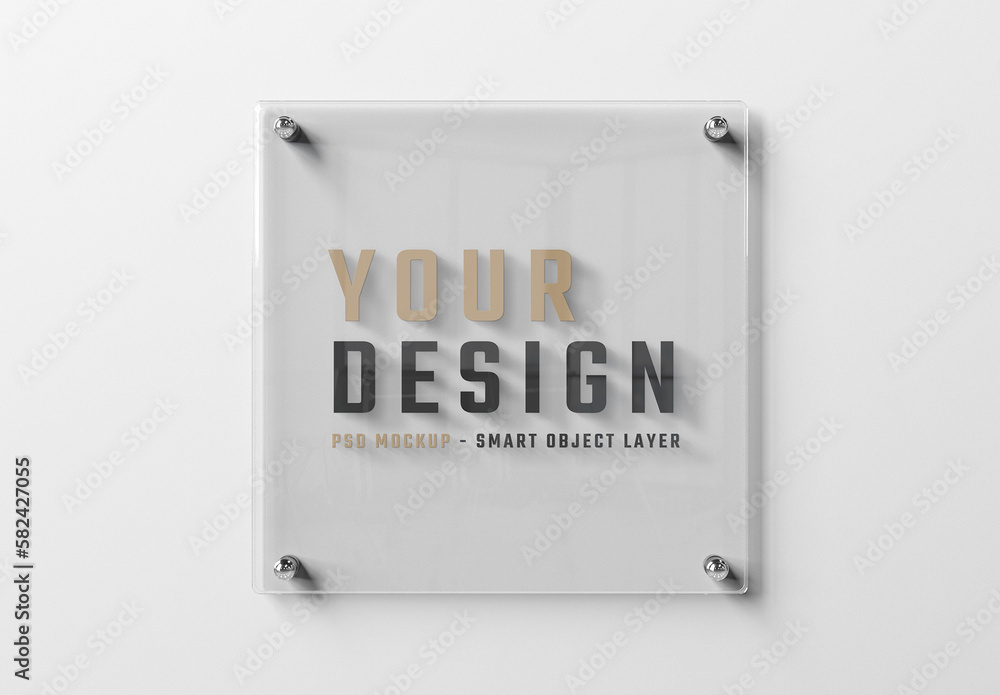 Transparent Squared Glass Sign Plate on White Wall Mockup Stock ...