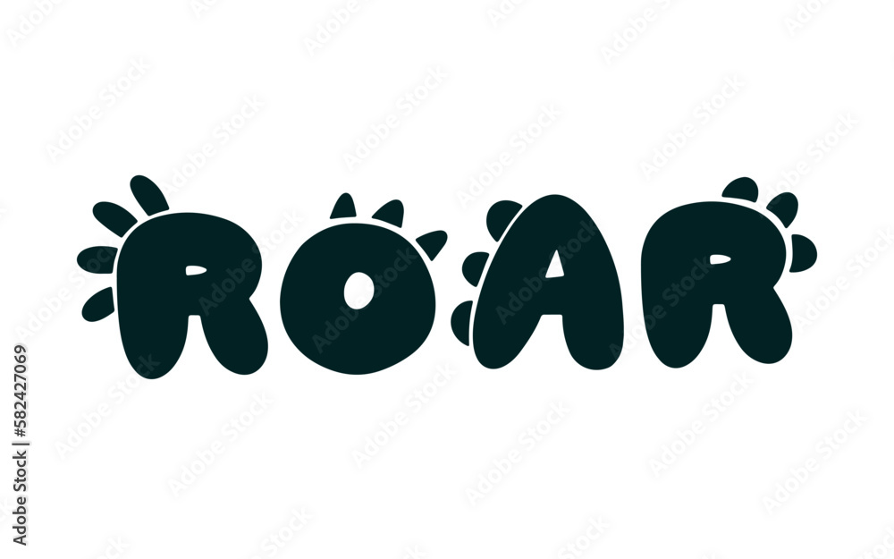 Dinosaur vector linocut illustration in flat cartoon scandinavian style with roar lettering ...