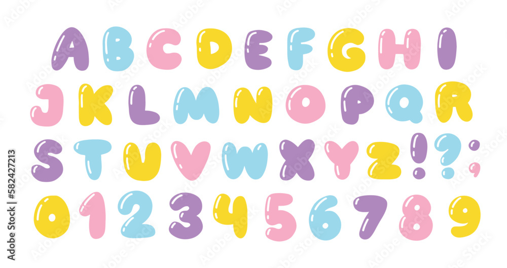 Bubble font and numbers. Cartoon childish hand drawn alphabet. Soft ...