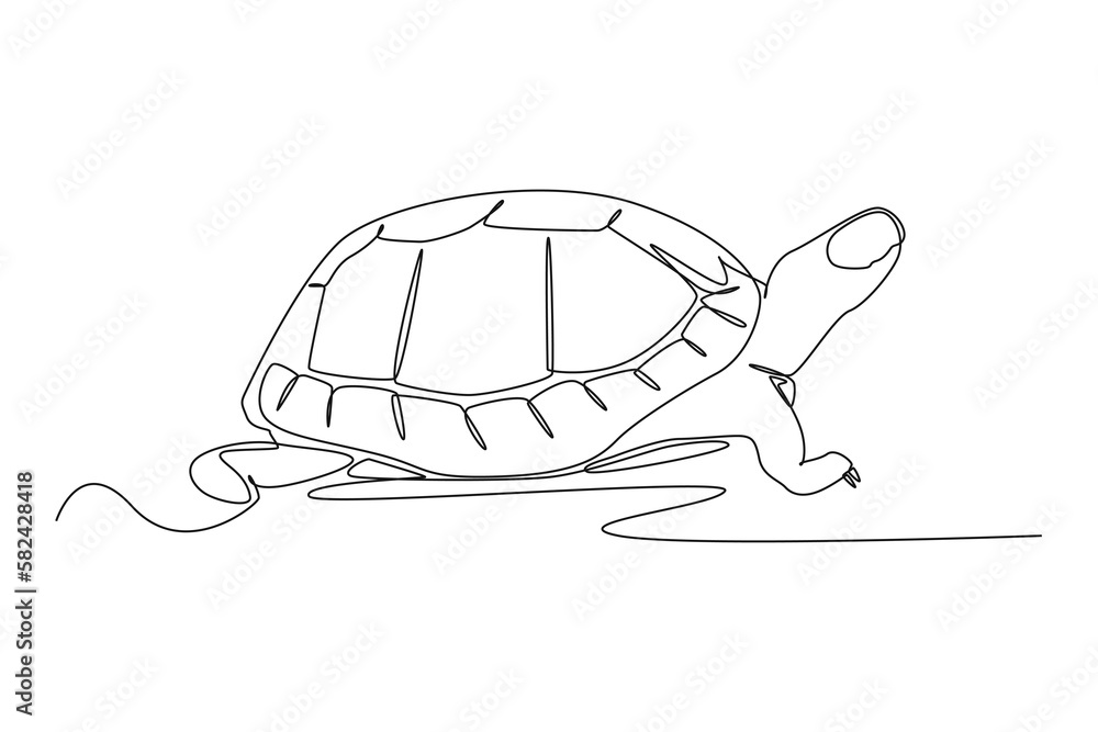 Continuous one-line drawing of turtle crawling on the ground. Animals ...
