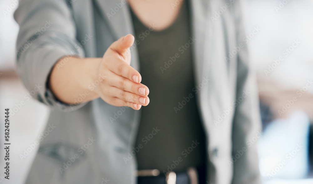 Offer handshake of business woman in welcome, congratulations or thank ...