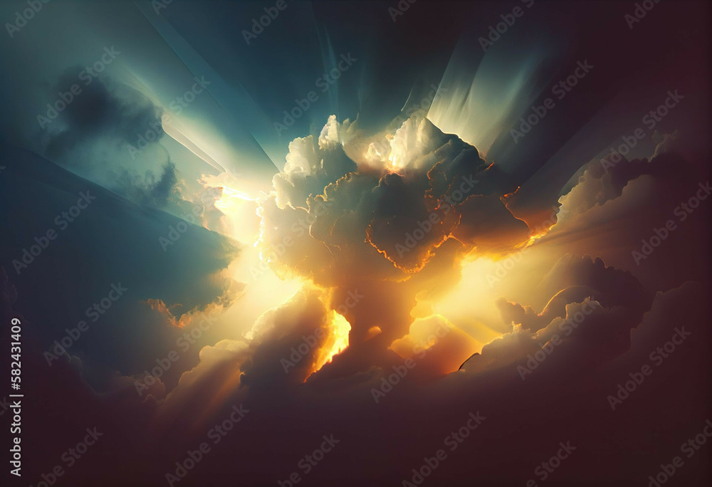 Abstract sky with billowing clouds and radiant sunbeams - Generative AI ...