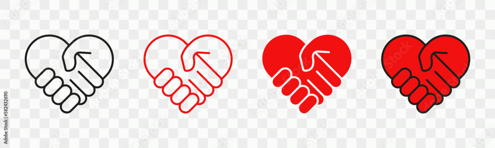 Handshakes heart vector icons set. Red and black handshakes sign ...