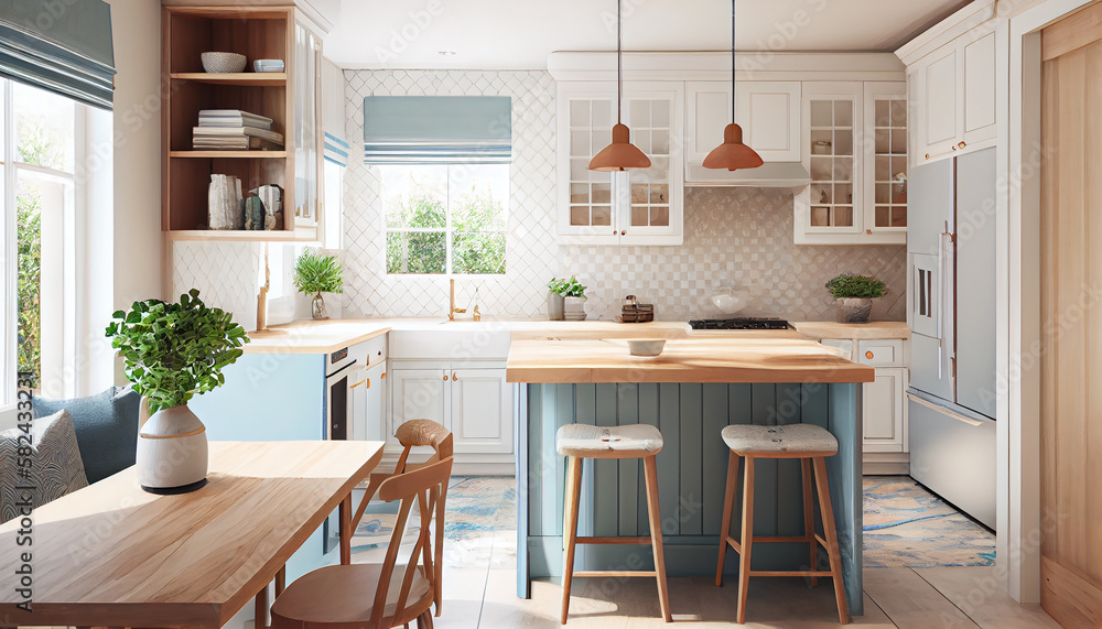 Coastal Comfort Light and Airy Kitchen with Natural Wood Tones and Blue ...