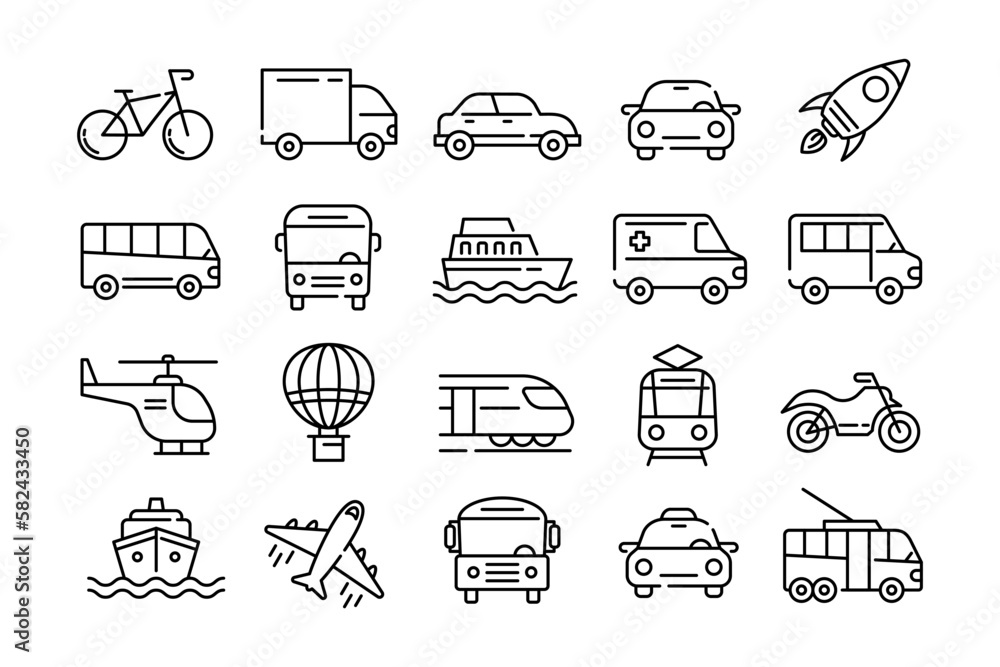 Transport icons. Car outline symbols. Bus and truck. Taxi automobile ...