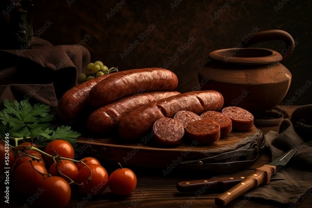 Ukrainian traditional dishes, Still life, kovbasa - smoked sausage made ...