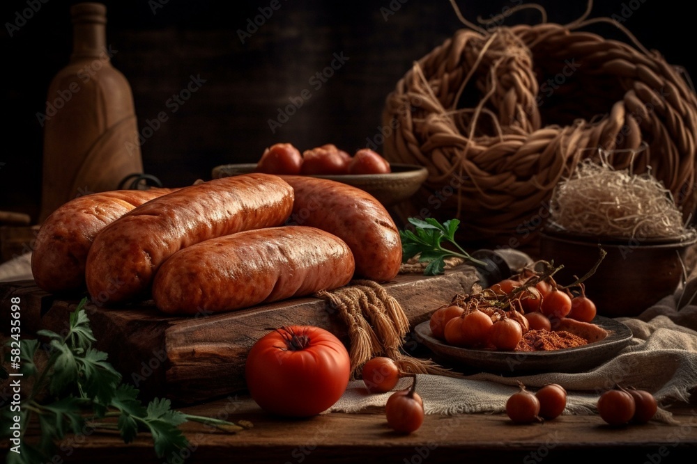Ukrainian traditional dishes, Still life, kovbasa - smoked sausage made ...