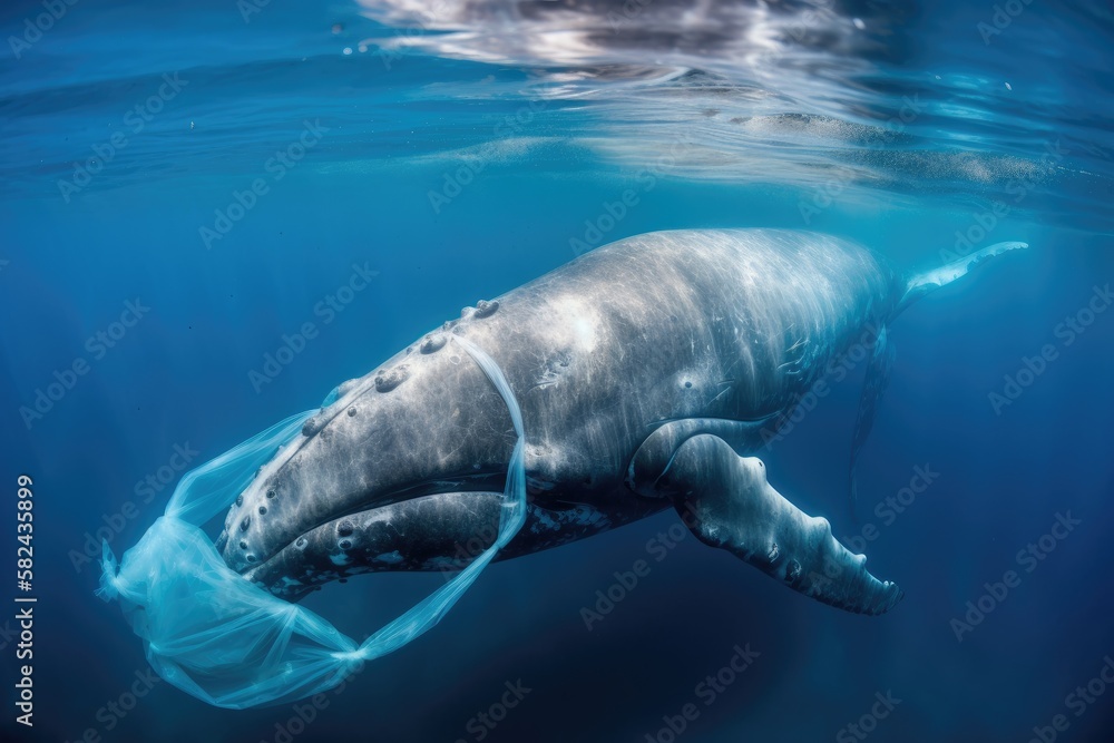 Whale trapped in plastic trash. Plastic pollution in ocean ...