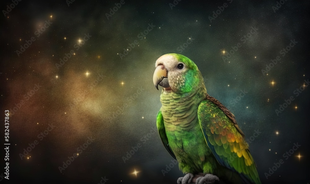 a green parrot sitting on top of a rock under a night sky filled with ...