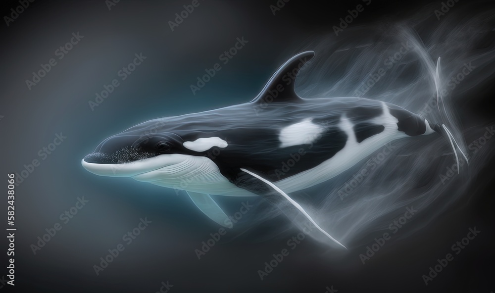 a black and white orca whale with a black background and a white border ...