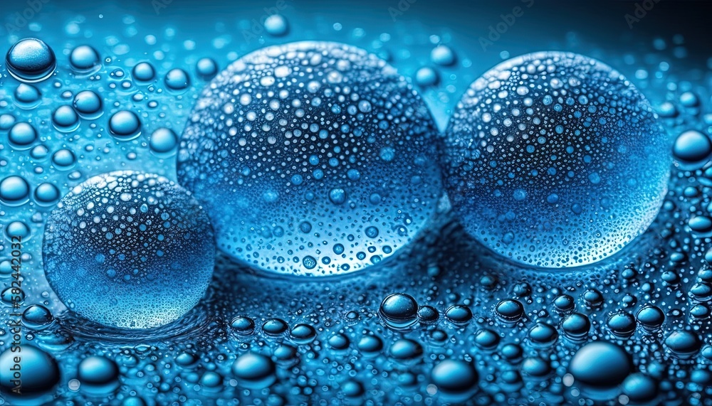 three blue balls of water on a blue background with bubbles of water on ...