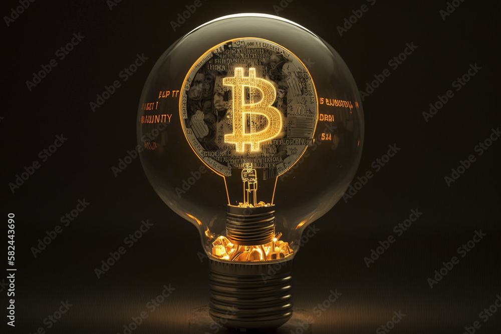 Bitcoin symbol illuminated inside a light bulb with dark background ...
