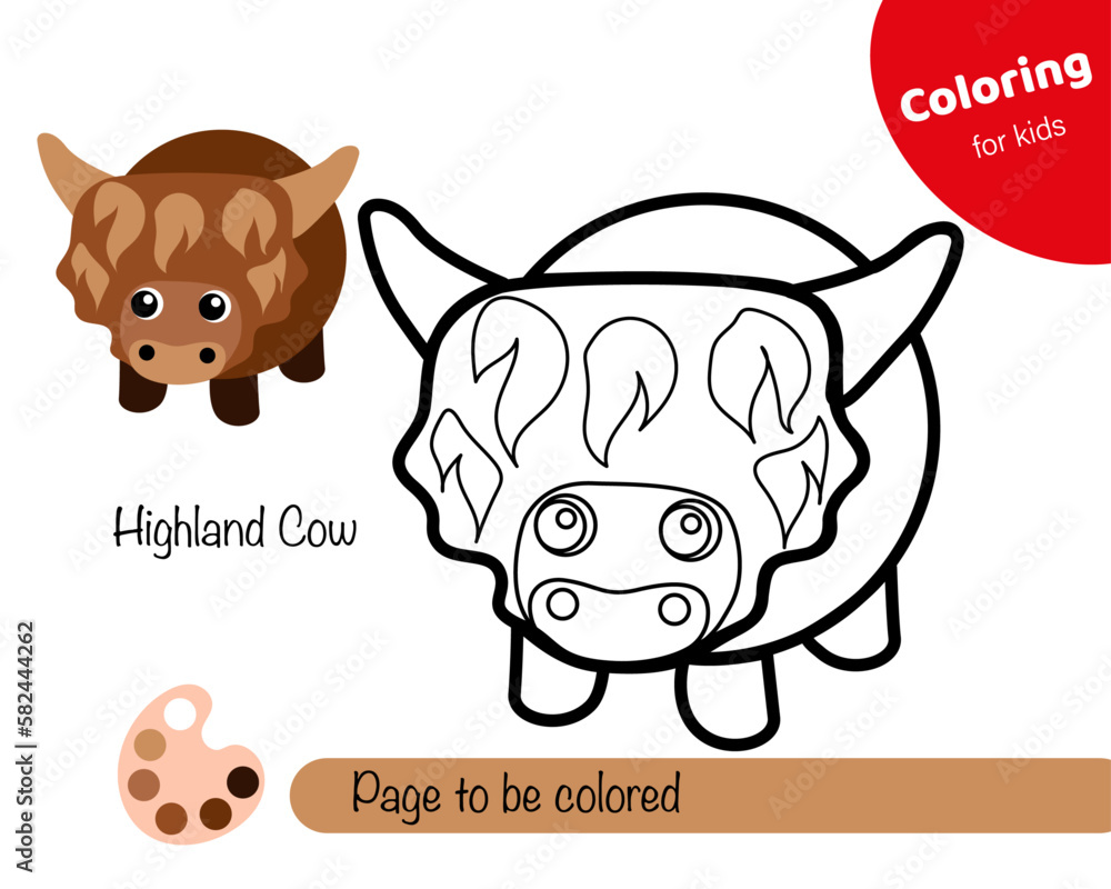 Colouring book for kids Highland cow. Cute cartoon Cow character ...