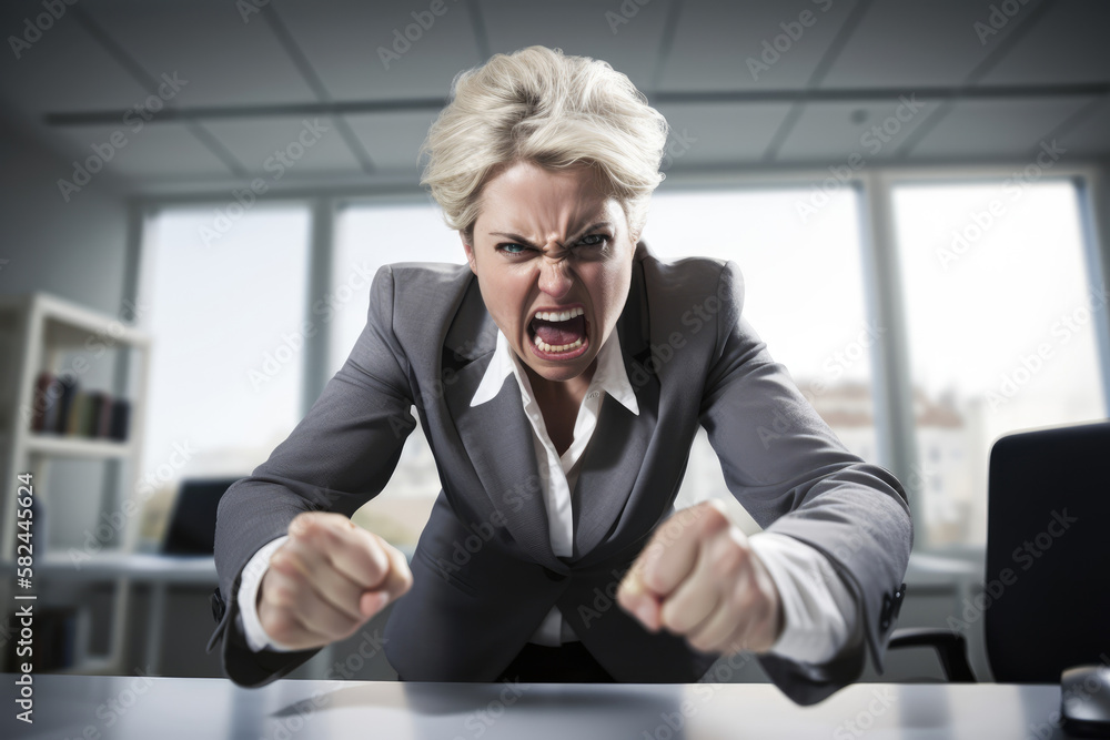 Funny angry female boss yelling in white office interior, generative ai ...