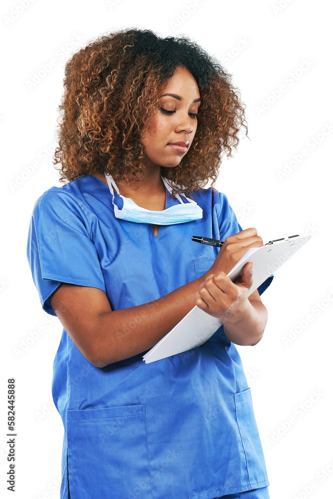 Healthcare, nurse and black woman writing on checklist. Wellness ...