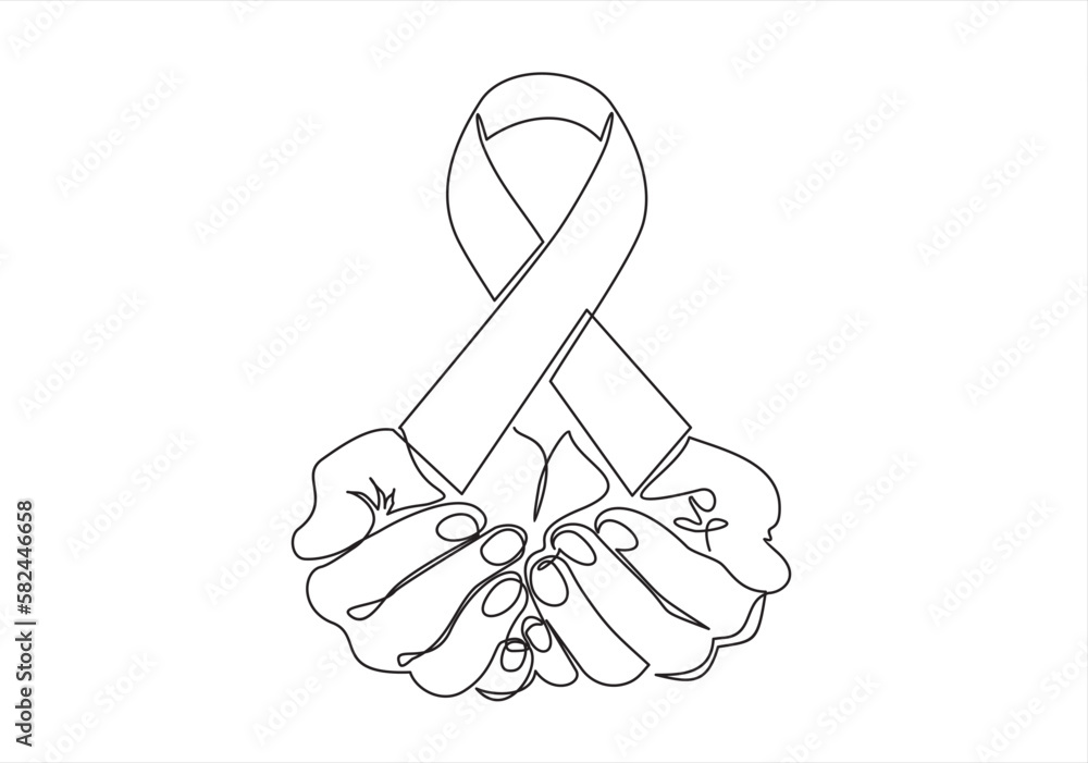 Continuous one line drawing hands holding ribbon and giving support to ...