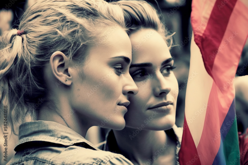 Two women embrace each other with rainbow flag draped over their ...