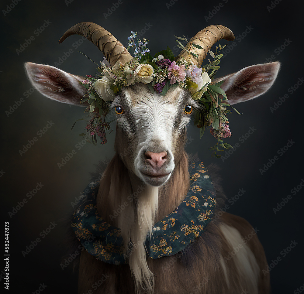 Creative animal composition. Goat wearing a crown of beautiful floral ...