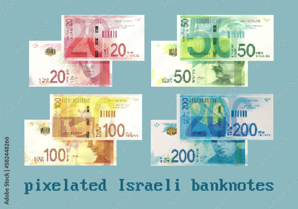Vector set of pixelated mosaic Israeli banknotes of 20, 50, 100 and 200 ...