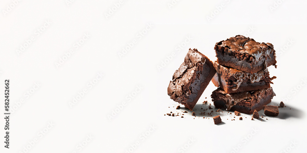 Delicious chocolate brownies cake slice isolated on white background with copy space. Created ...