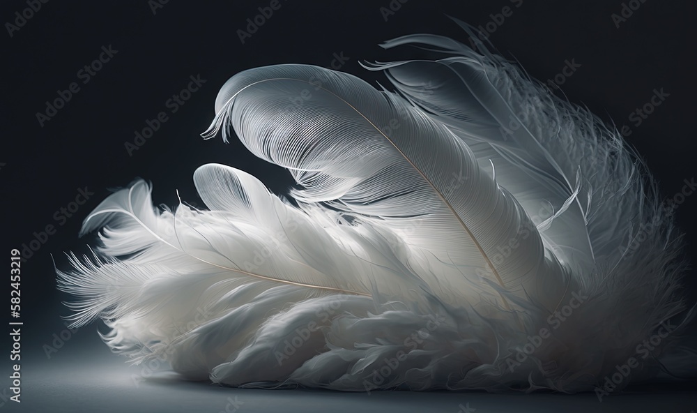 a white feather on a black background with a light shining on it's back ...