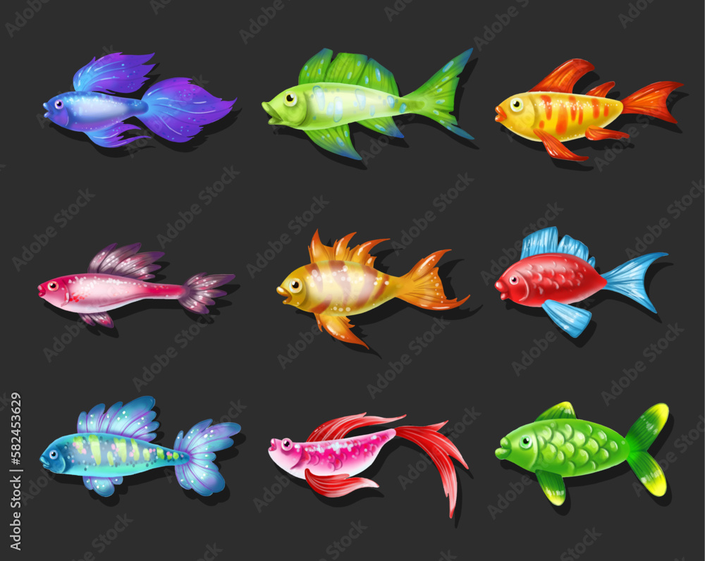 Colored cute sea fish. Vector cartoon set of freshwater aquarium ...