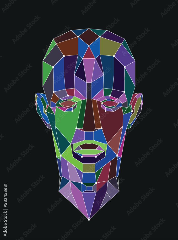 Human head created in low poly style. Man face polygon light ...