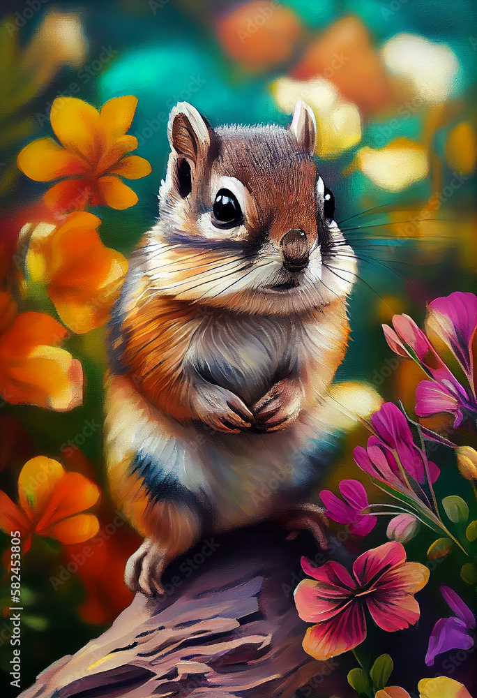 A charming portrait of a chipmunk with a dynamic pose is depicted in ...